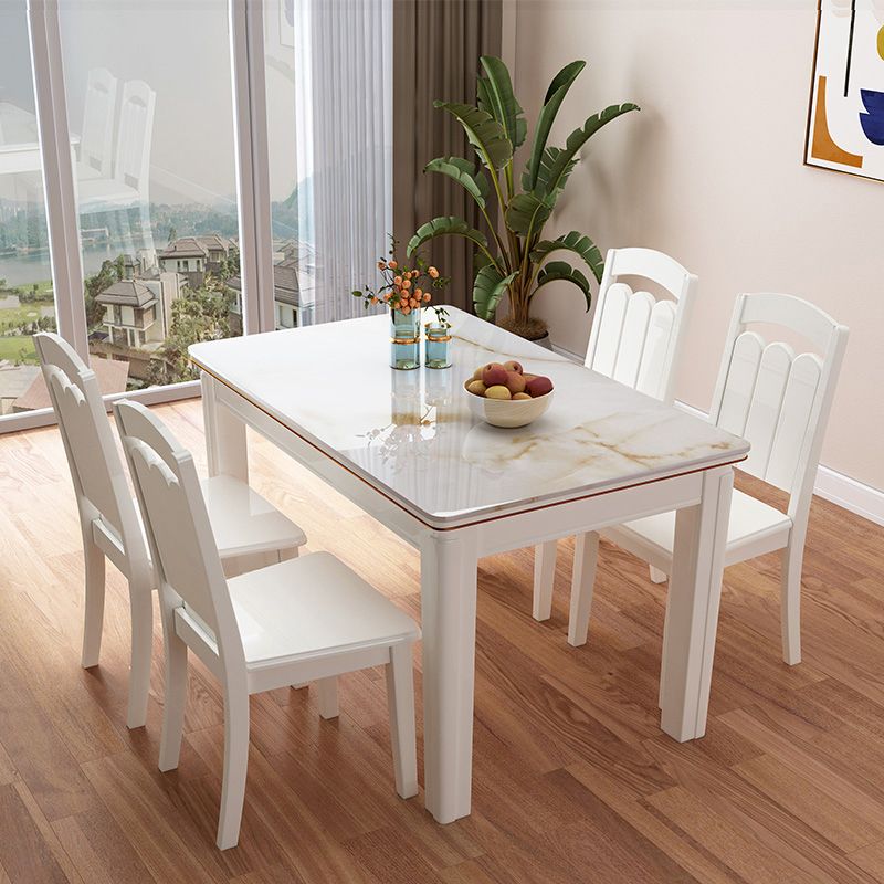 White Rectangle Dining Site Table Marble Dining Room Collection with 4 ...