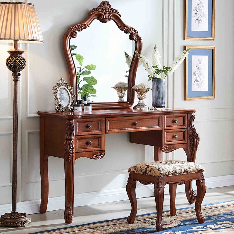 Solid Wood Brown Makeup Table Vanity with Drawers and Mirror - Clearhalo