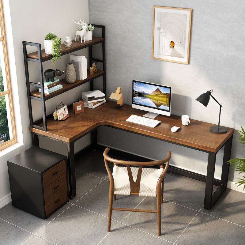 Solid Wood L-Shape Office Desk Industrial Fixed Writing Table - Clearhalo