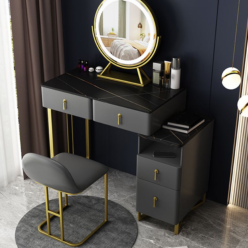 Gray Dressing Table Genuine Leather Vanity Table with Storage Drawers ...