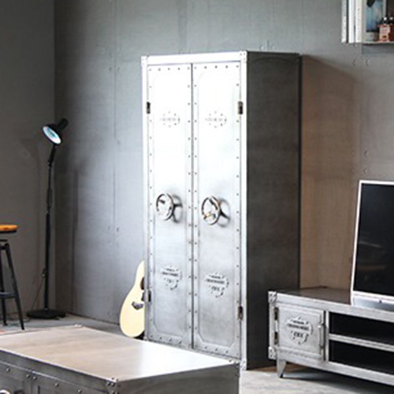 Industrial Metal Wardrobe Closet Freestanding Wardrobe in Grey - Clearhalo