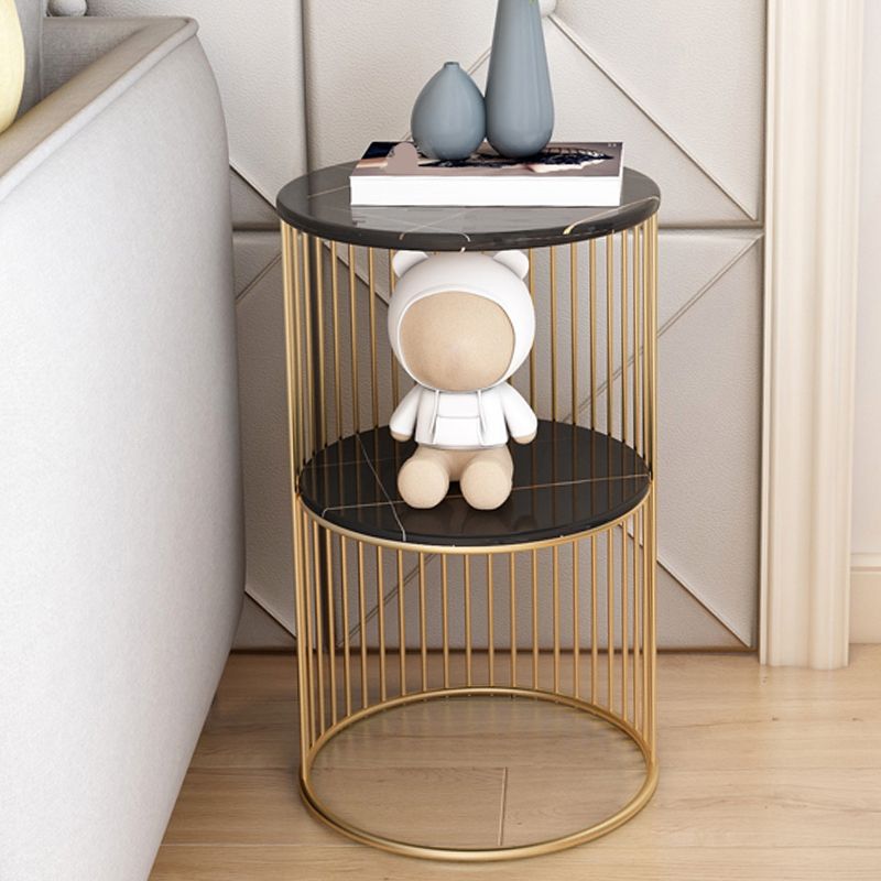 Round Stone Top Nightstand Contemporary Metal Night Table with Shelves ...