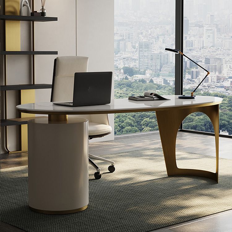 Glam Office Desk Curved Executive Desk with 3 Storage Drawers - Clearhalo