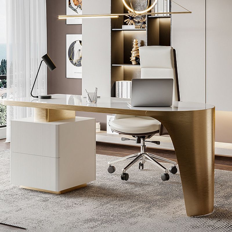 Modern 29.53-inch Tall Writing Desk 2 Drawers Stone Office Desk - Clearhalo