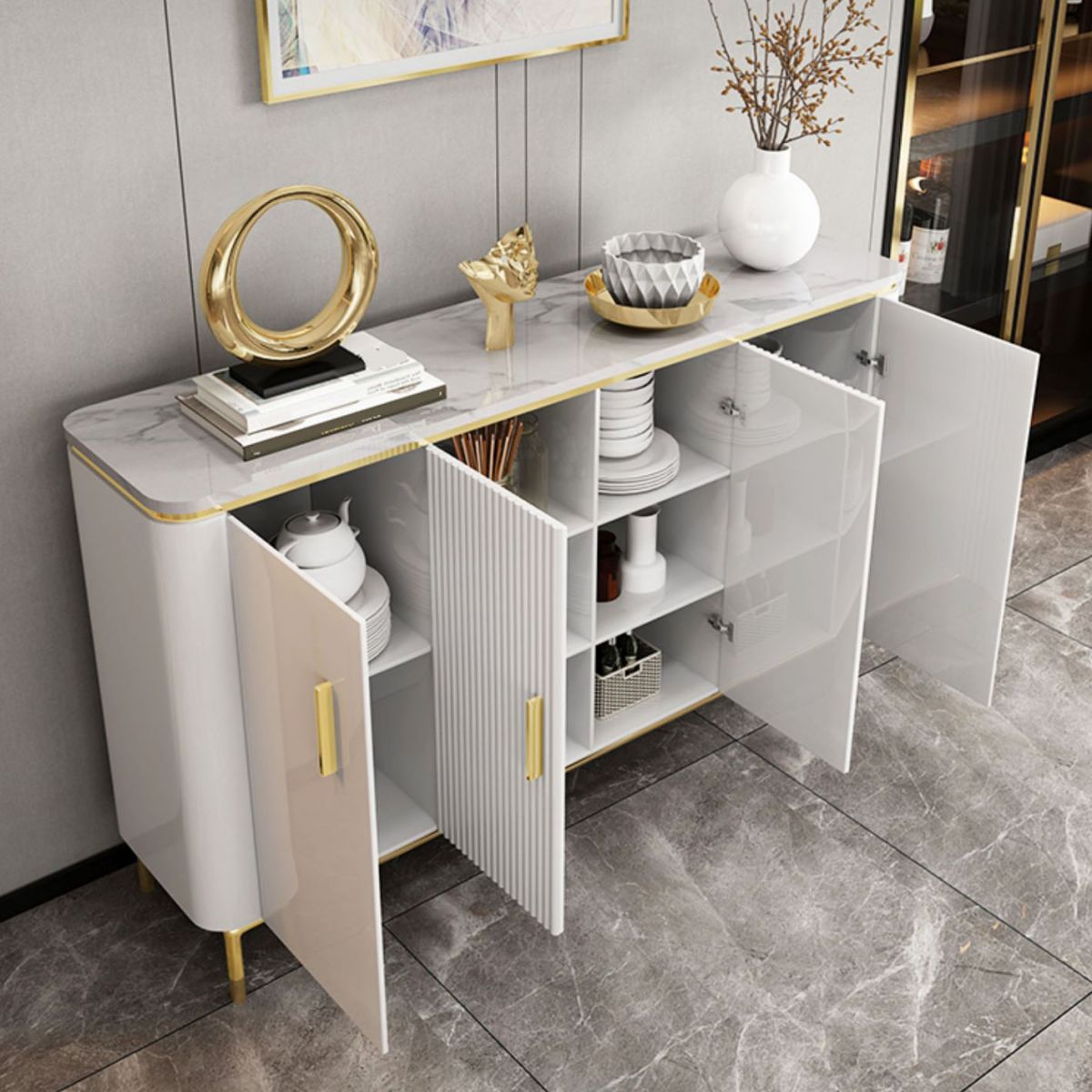 Stone and Engineered Wood Buffet Sideboard Glam Buffet Stand - Clearhalo