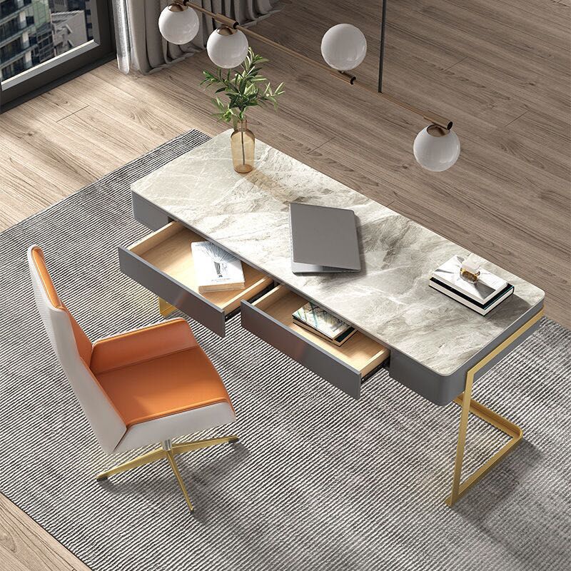 Glam Style 2-drawer Office Desk Sintered Stone Top Desk with Stainless ...