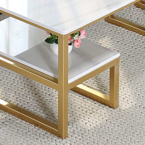 Glam Rectangle Marble Top Table with 2 Storag Shelves and Iron Base ...