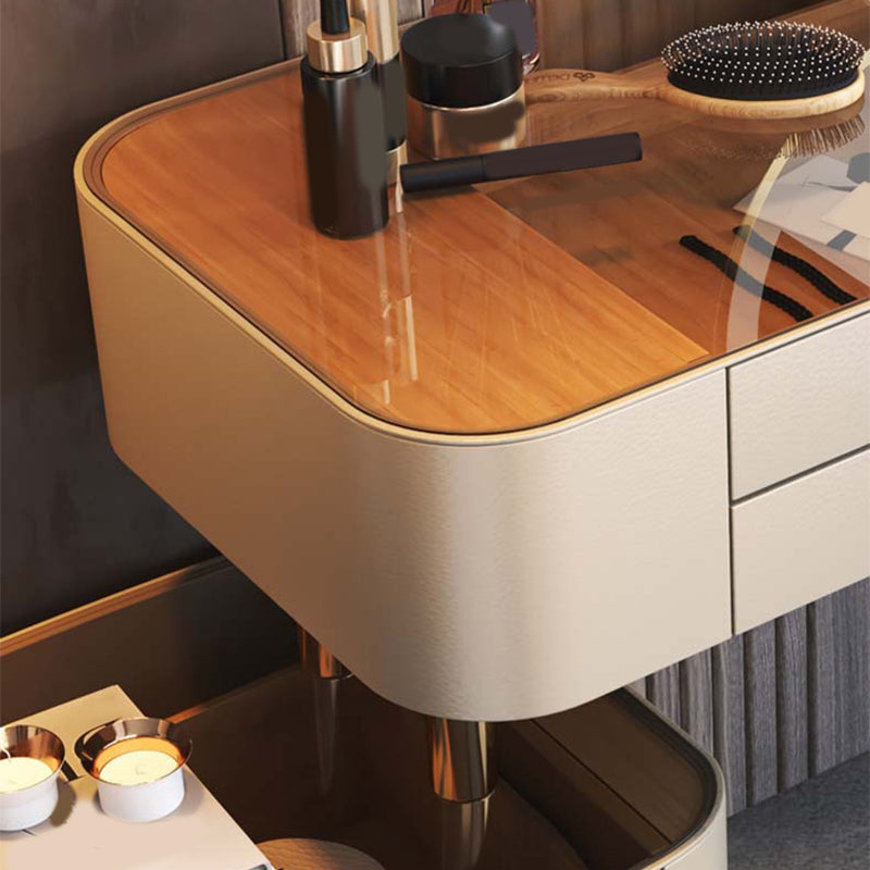 Glam Dressing Table Beige Slate/Glass Top Vanity Table and Stool Set ...