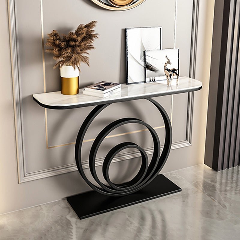 Glam Half Moon Slate and Metal Abstract Console Table for Hall - Clearhalo