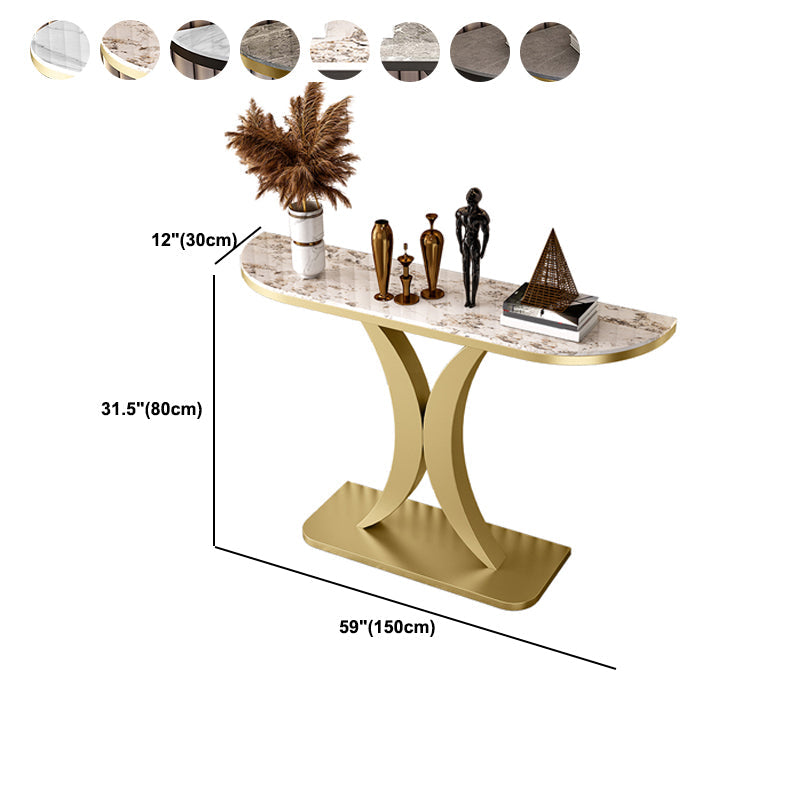 Glam Half Moon Accent Table with Stone Top and Iron Pedestal Base ...