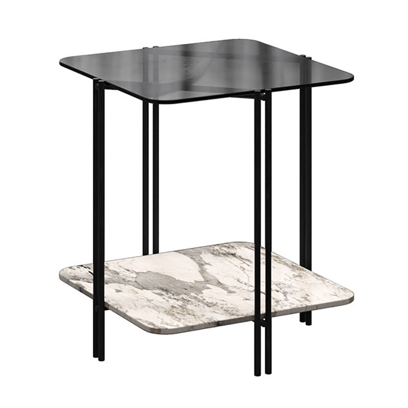 Glass Square 4 Legs Side Table 23.6" Tall End Table with Storage Shelf ...