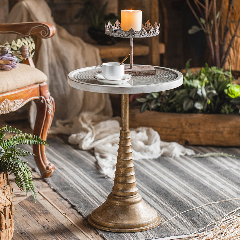 French Rustic Round End Table Metal Pedestal Accent Side Table - Clearhalo