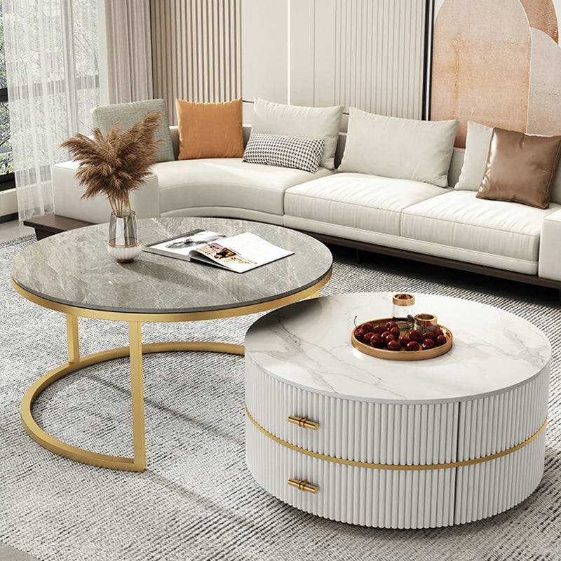 Slate Top Coffee Table Set Frame Cocktail Table with 2 Drawers - Clearhalo