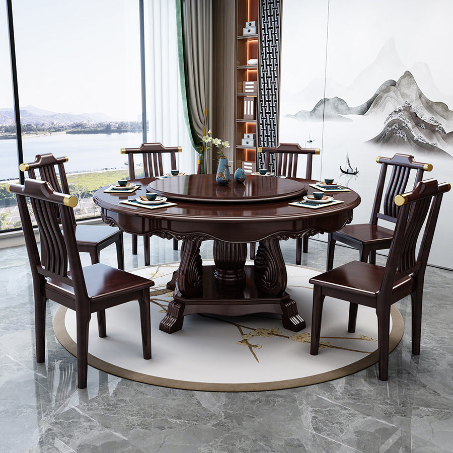 Tablette en bois brun brillant avec piédestal à table à manger ronde ...