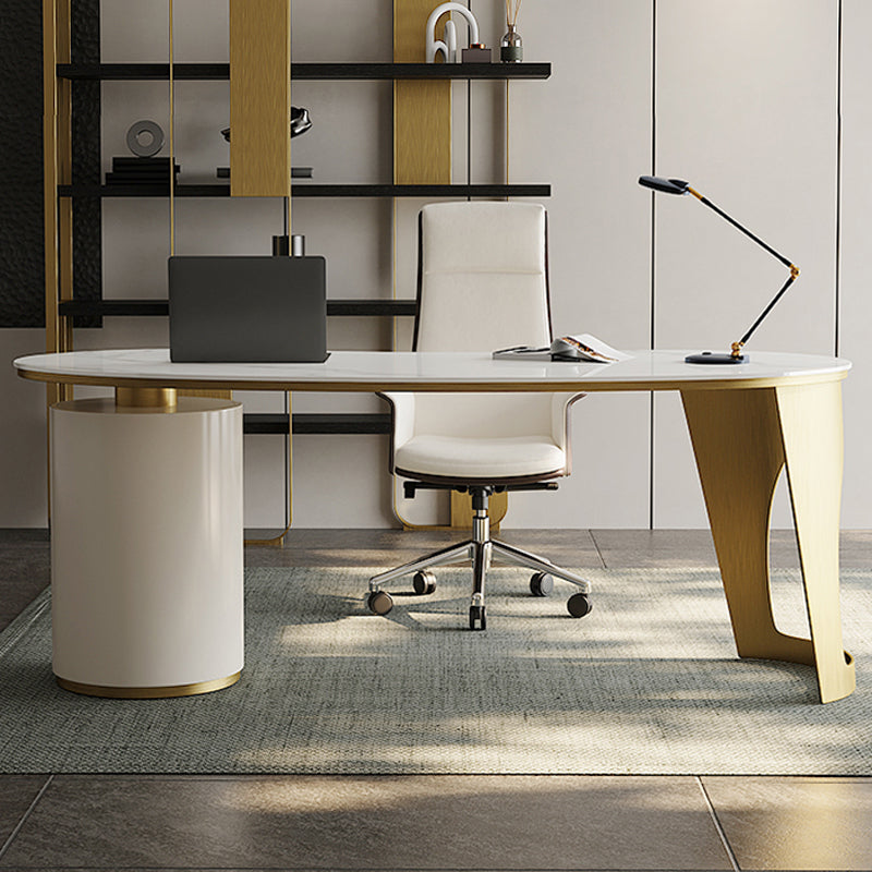 Irregular Shaped Modern Office Table Stone Writing Desk White 2-Legs ...