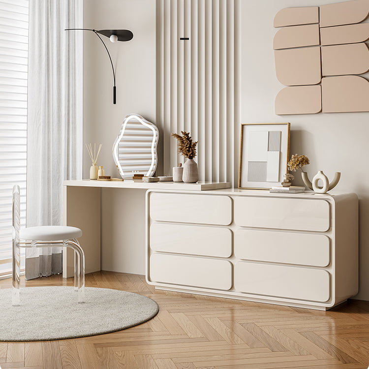 Cream Pine Wood Vanity Make up Table Set with Stool and Mirror - Clearhalo