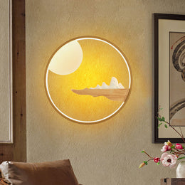 Mountain and Full Moon Wall Mural Light Asia Wooden Black/Beige LED ...