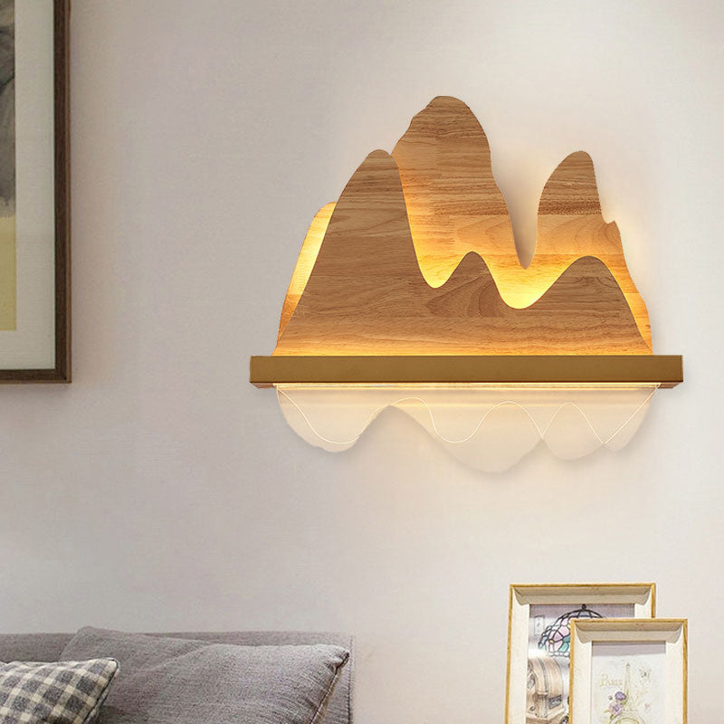 Asian Mountain Wooden Mural Light Fixture LED Wall Mount Lighting in ...