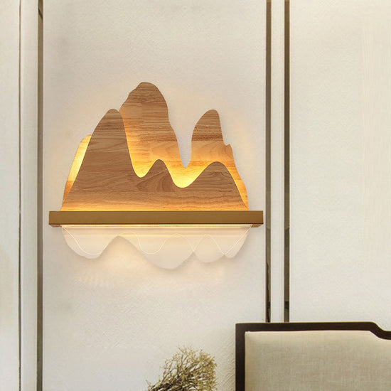 Asian Mountain Wooden Mural Light Fixture LED Wall Mount Lighting in ...