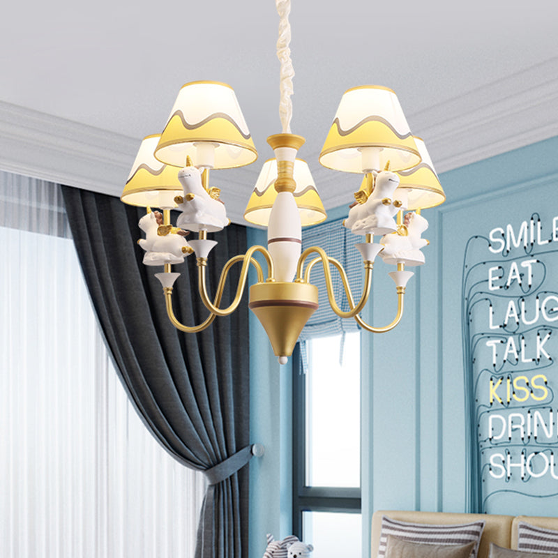 Conic Fabric Shade Ceiling Chandelier Cartoon 5 Lights Pink/Blue/Gold ...