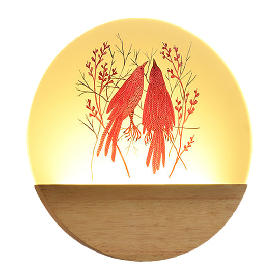 Wood Round Bird and Tree Mural Light Chinese Style LED Acrylic Wall ...
