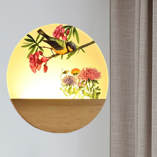 Wood Round Bird and Tree Mural Light Chinese Style LED Acrylic Wall ...