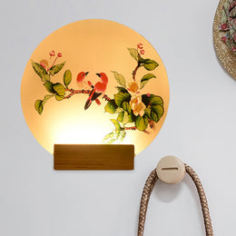 Acrylic Circular Birds and Flowers Mural Light Chinese LED Wood Wall ...