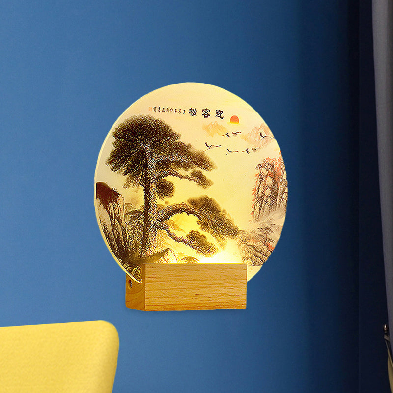 Round Pine Tree and Mountain Wall Light Oriental Style Acrylic LED Wood ...