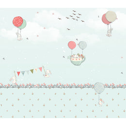 Pastel Color Cartoon Wallpaper Mural Full Size Rabbits Balloon Trip ...