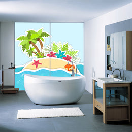 Soft Color Island Mural Wallpaper Coconut Tree Cartoon Wall Covering ...