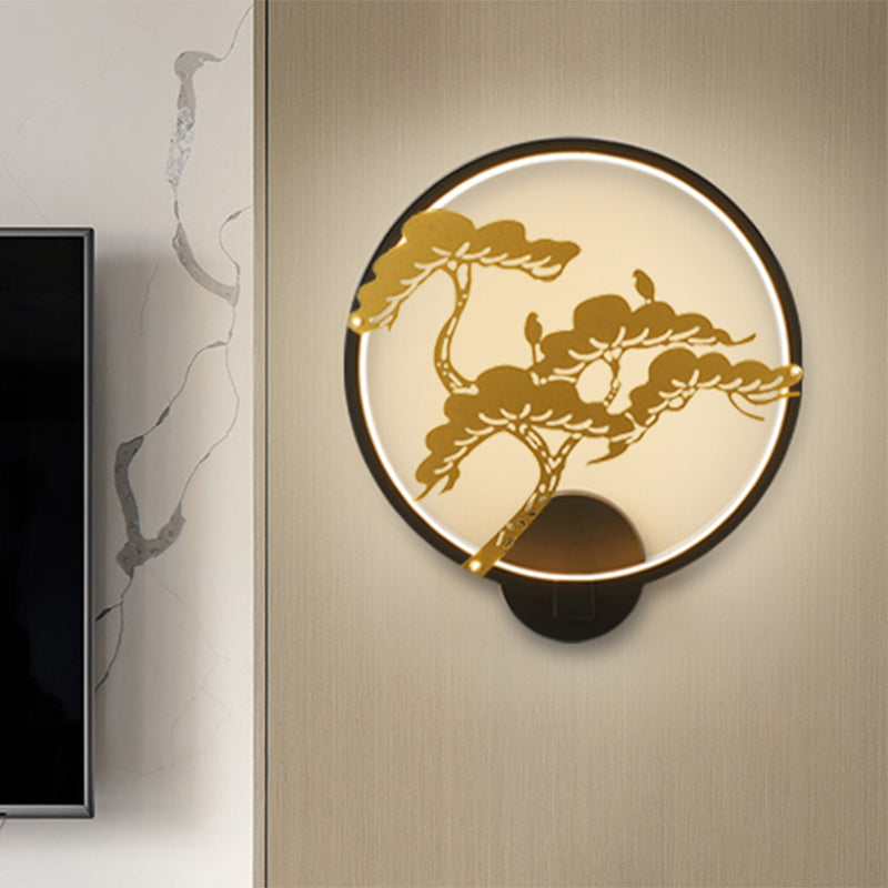 Chinese Style LED Wall Mural Lamp Metal Black/White Circular Pine Tree ...