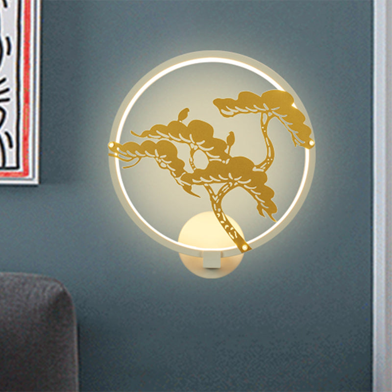 Chinese Style LED Wall Mural Lamp Metal Black/White Circular Pine Tree ...