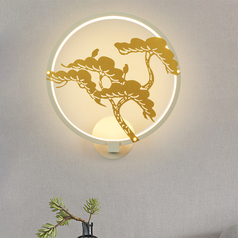 Chinese Style LED Wall Mural Lamp Metal Black/White Circular Pine Tree ...