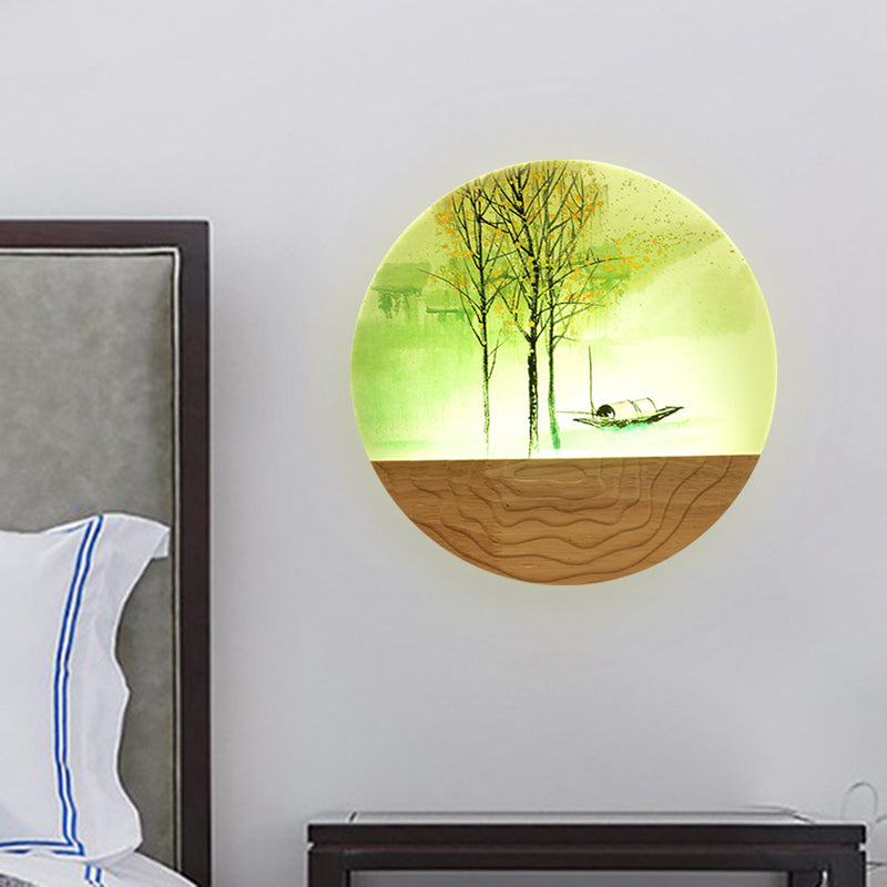 9.5"/11" Wide Metal Round Wall Mural Light Asia Style LED Wood Wall ...