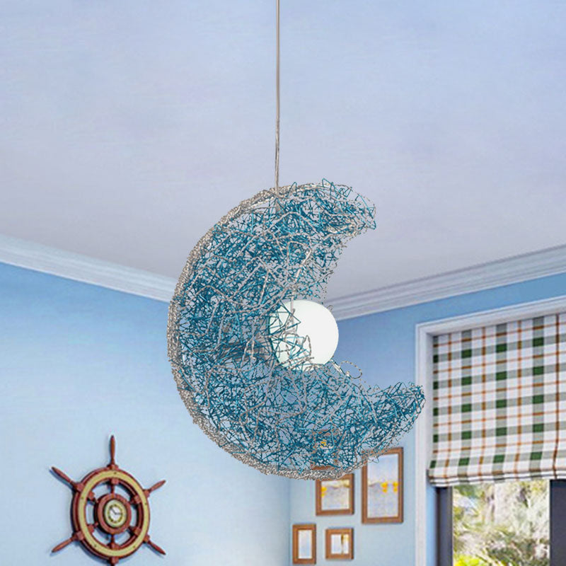 Blue Finish Moon Shaped Suspension Light Nordic Style 1 Bulb Metal Wire ...