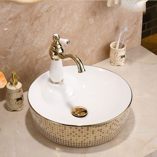 Traditional Bathroom Sink Porcelain Round Vessel Lavatory Sink with Pop ...