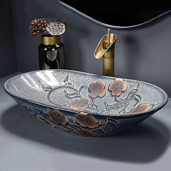 Traditional Vessel Bathroom Sink Oval Porcelain with Overflow and Drain ...
