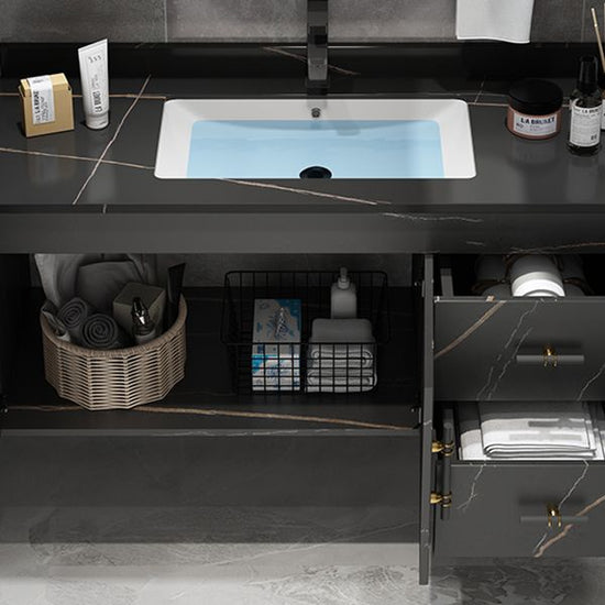 Stone Top Vanity Set Single Sink Mirror Drawers Wall-Mounted Rectangle ...