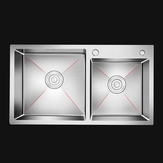 Double Basin Kitchen Sink with Basket Strainer 2 Holes Contemporary ...