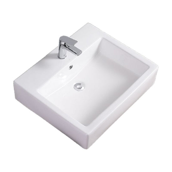 Bathroom Sink White Rectangle Overflow Ceramic One Hole Sink with Faucet - Clearhalo