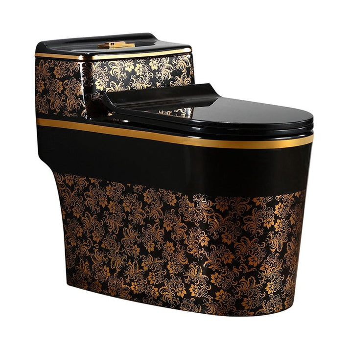 Modern Elongated Toilet Bowl Black and Golden Flush Toilet With Seat ...