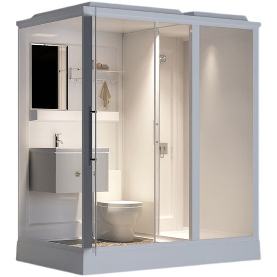 White Shower Stall Framed Single Sliding Rectangle Shower Kit - Clearhalo