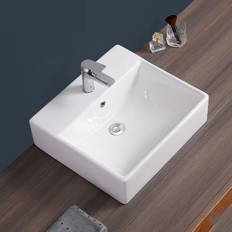 Bathroom Sink White Rectangle Overflow Ceramic One Hole Sink with Faucet - Clearhalo