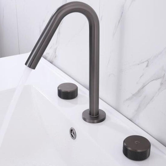 Circular Bathroom Faucet with Gooseneck Arc 3 Hole Widespread Bathroom ...
