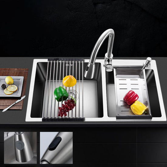 Double Basin Kitchen Sink with Basket Strainer 2 Holes Contemporary ...