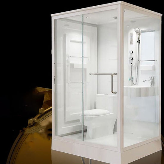 White Framed Frosted Rectangle Shower Stall with Base and Fixed Panel ...
