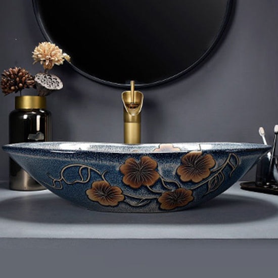 Traditional Vessel Bathroom Sink Oval Porcelain with Overflow and Drain ...