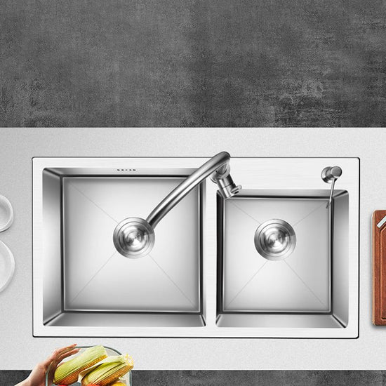 Double Basin Kitchen Sink with Basket Strainer 2 Holes Contemporary ...