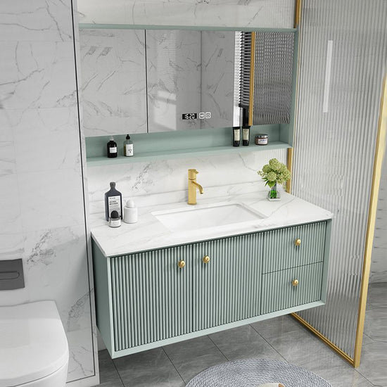 Wood Frame Vanity Glam Green Single Sink Mirror Wall-Mounted Bath ...