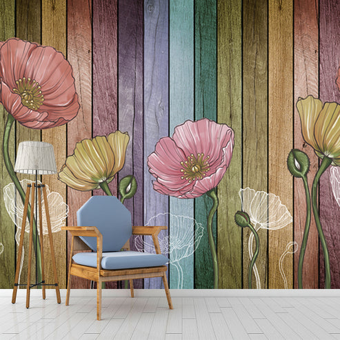 Magnolia and Wood Plank Murals Rural Moisture Resistant Bedroom Wall ...